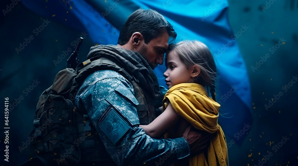 Soldier hugs his daughter on blue background. Concept war in Ukraine ...