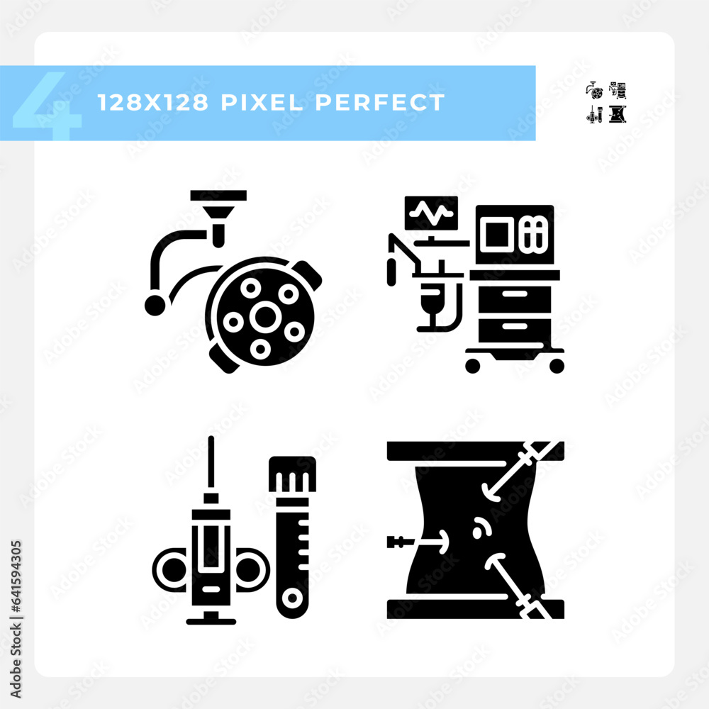 Surgical equipment pixel perfect black glyph icons set on white space ...