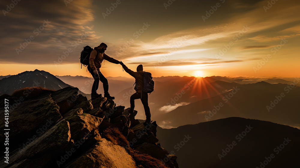 Hiker helping friend up a mountain at sunrise. People helping each ...