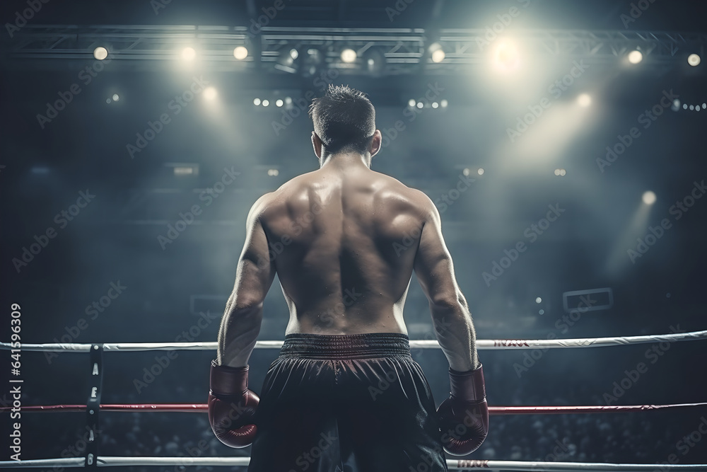 Back view of professional boxer fight in ring with spot lighting ...