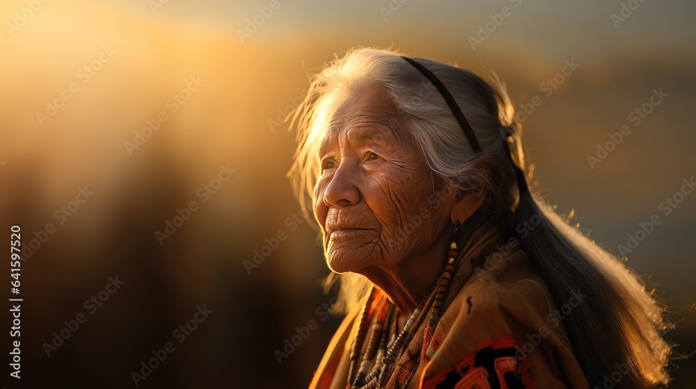 Old senior native american woman close-up portrait with wrinkles skin ...