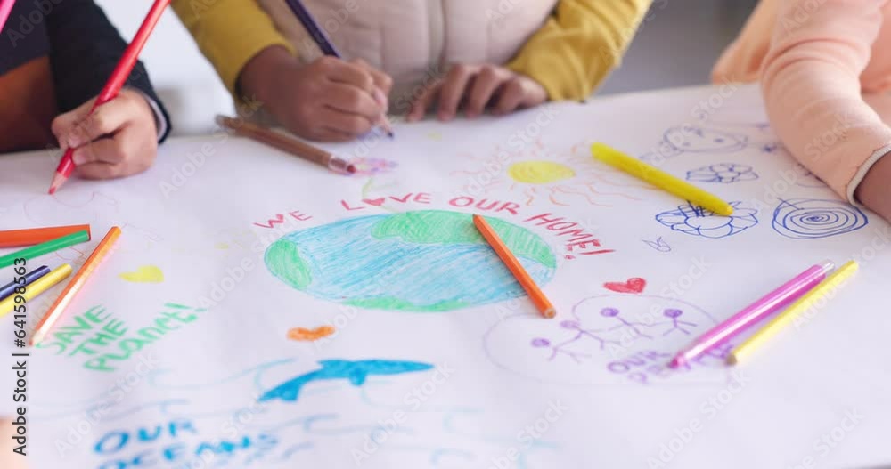 Group of children in classroom, drawing and art for earth day, eco ...