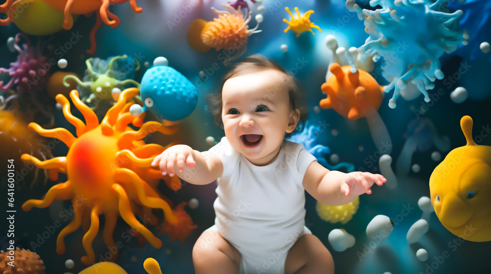 a joyful infant surrounded by a diverse array of colorful bacteria. The ...