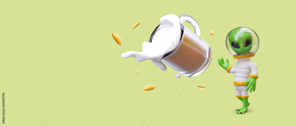 Alien and mug of beer. Incredible hoppy taste. Humanoid beer fan ...