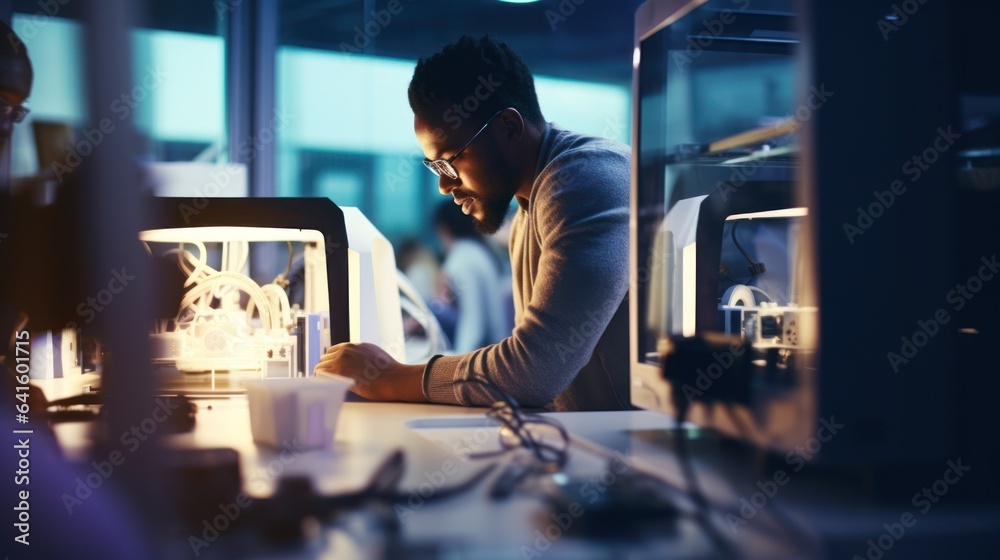 An engineer prints a prototype model on a 3d printer in a laboratory ...