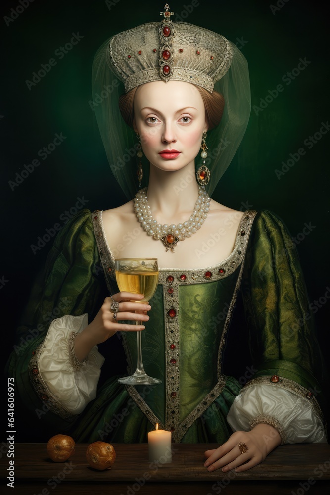 Royal woman with a glass of wine. Funny historical portrait, middle ...