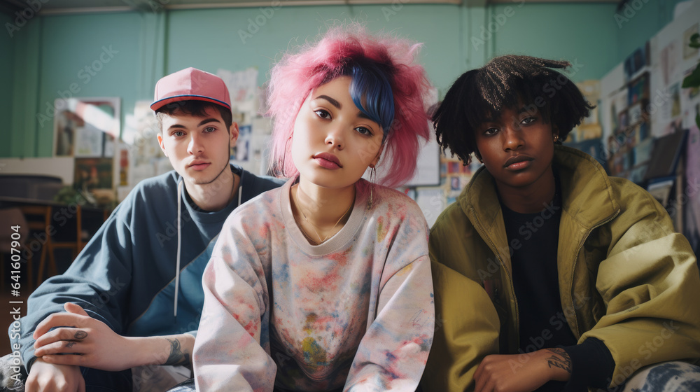 Divers group of smiling students, Y2K, grunge, 2000s, retro, vaporwave ...