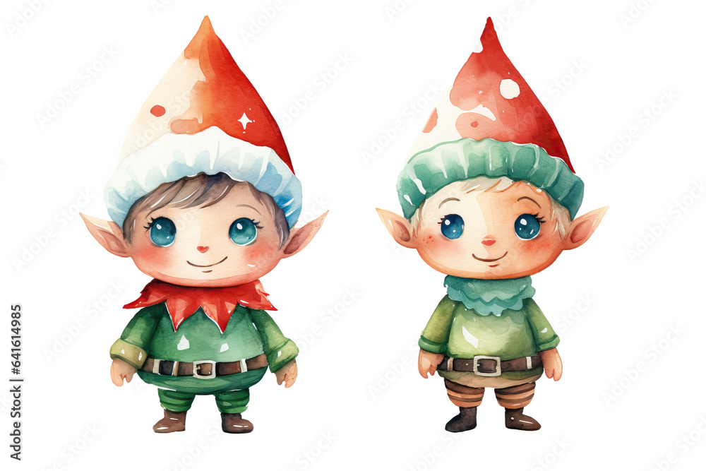 Christmas cute elves on transparent background, Set of Watercolor xmas ...