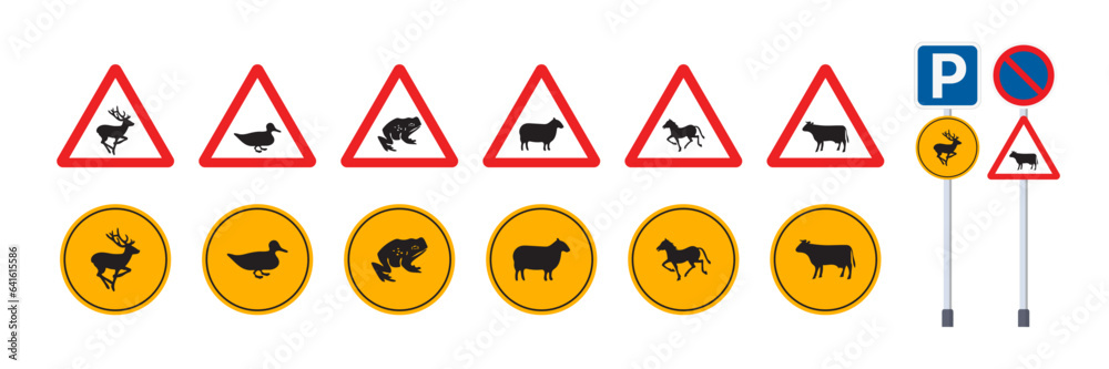 Collection of animal crossing road hazard signs. Traffic sign warning ...