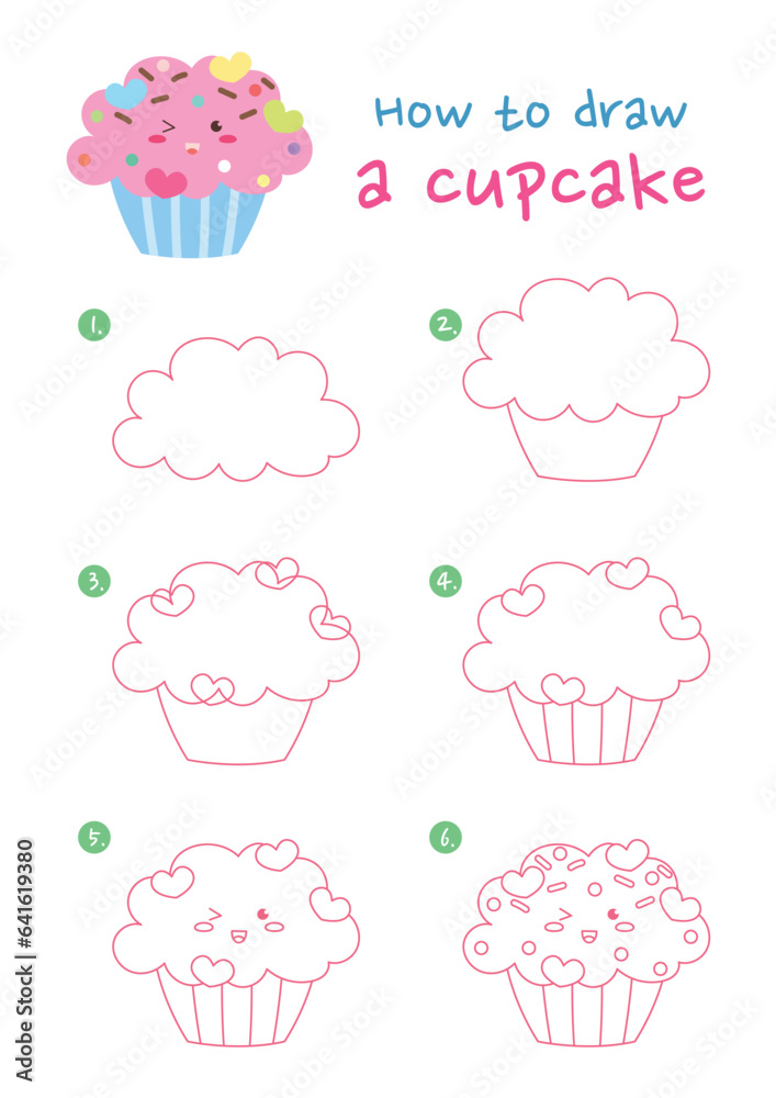 Vetor de How to draw a cupcake vector illustration. Draw a cupcake step ...