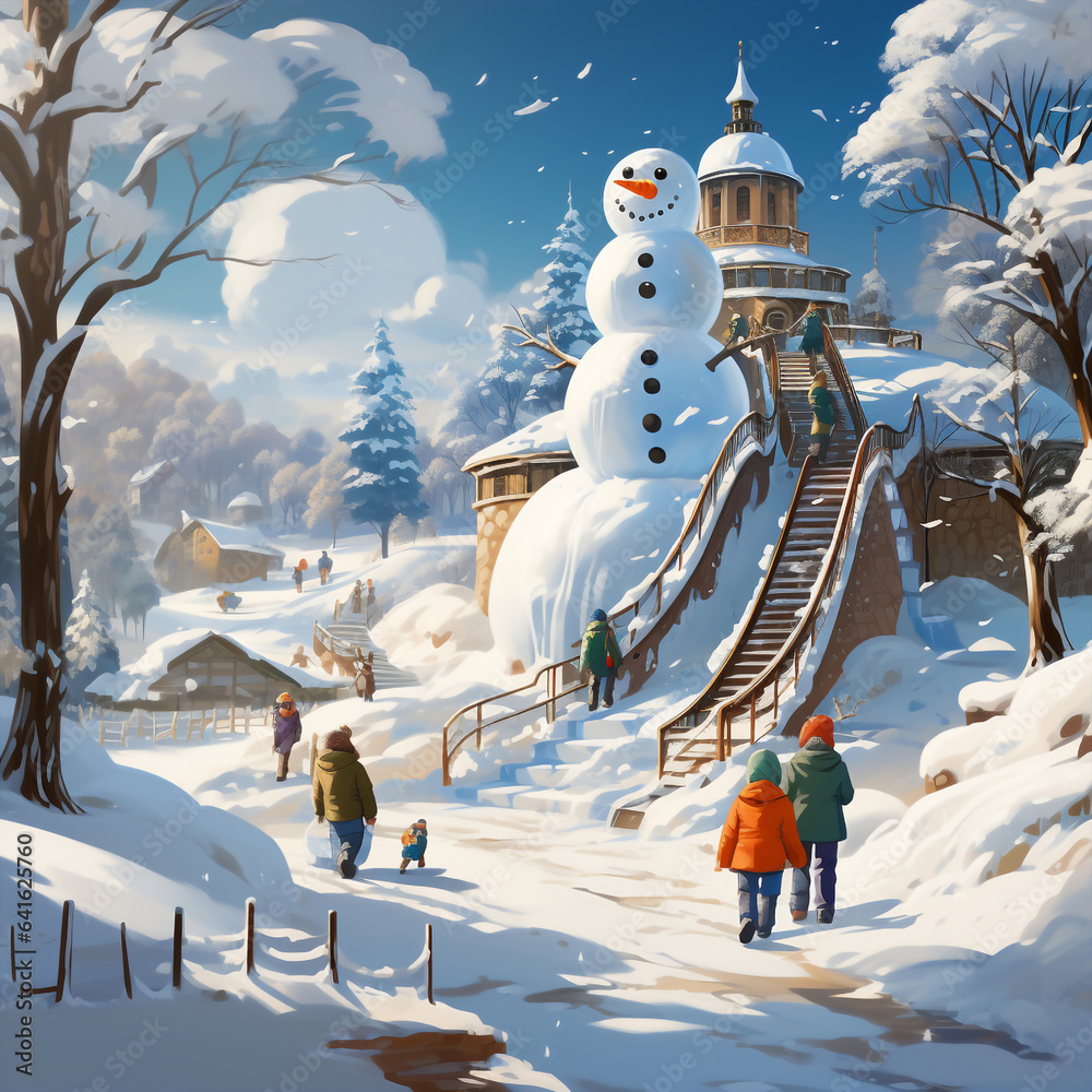Cartoon winter landscape kids playing with a snowman in a cold winter ...