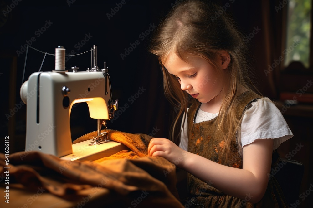 Cute little girl working on sewing machine at home. Little girl sews ...