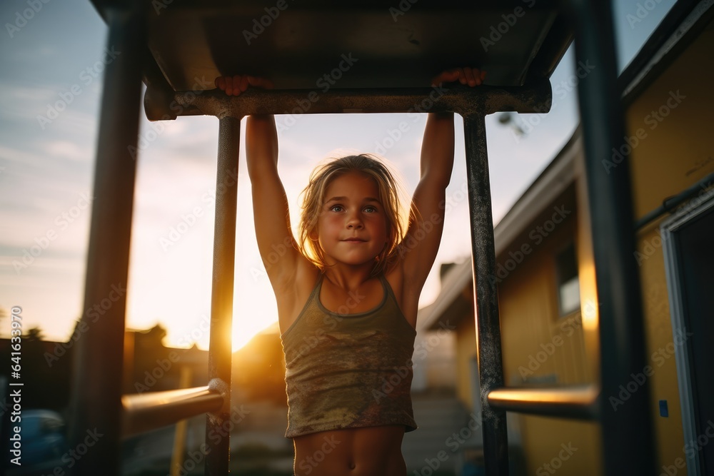 Child girl doing pull ups workout at the outdoors gym in a park. Kids ...