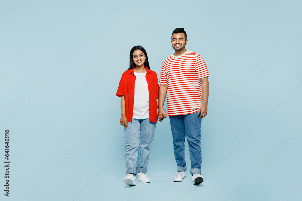 Full body front view young couple two friends family Indian man woman ...