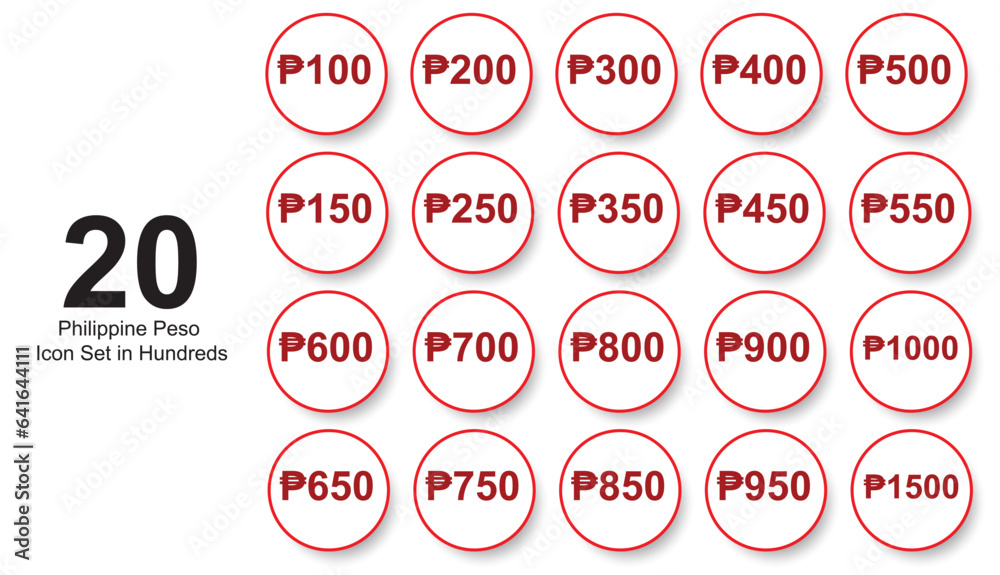20 Philippine Peso Red Icon Signs in Hundreds and fifties from 100 to ...