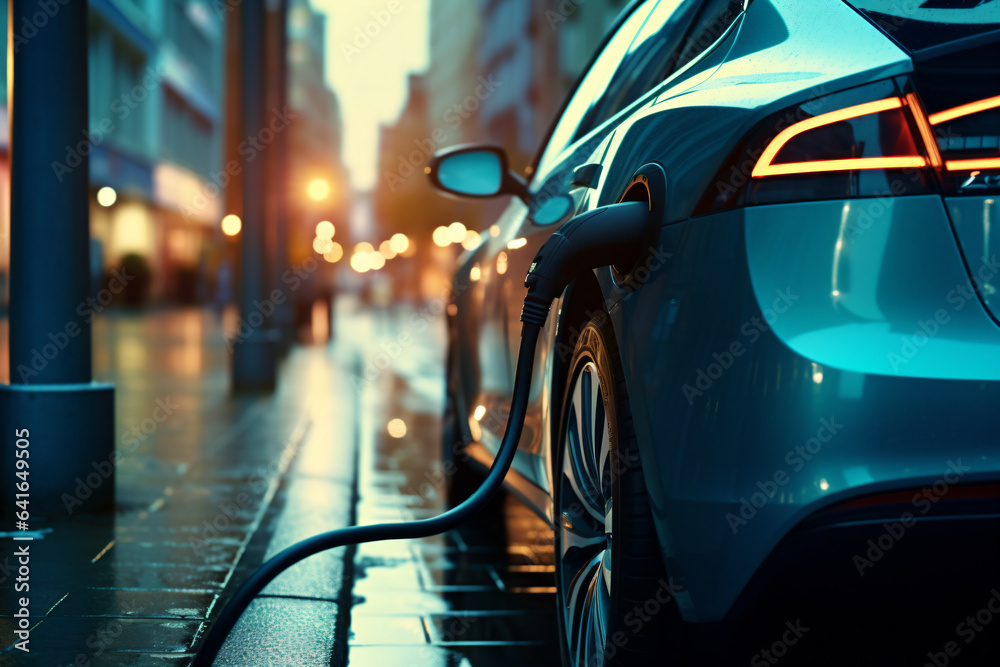 Poster Electric car plugged to charging station with power cable on ...