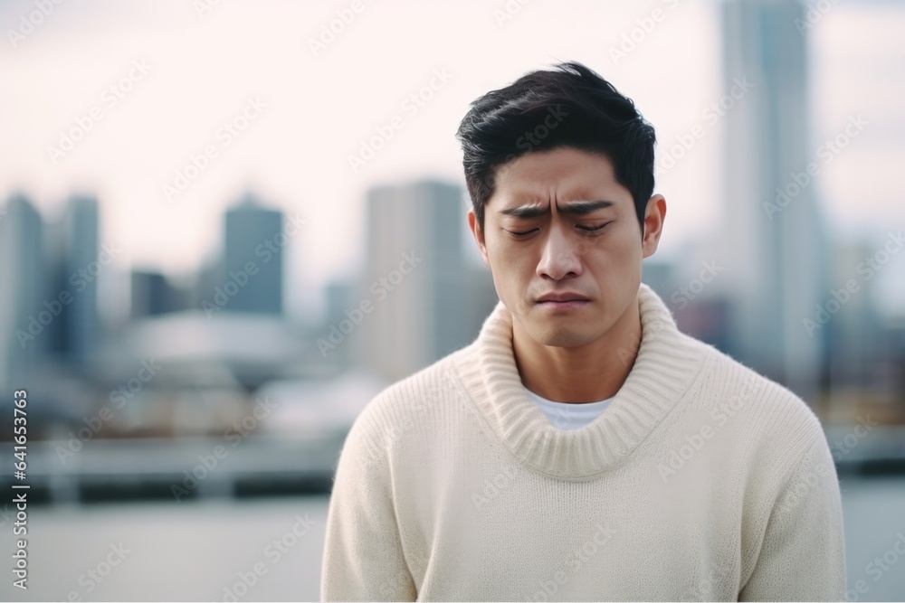 Sadness Asian Man In A White Sweater On City Background. Сoncept Coping ...