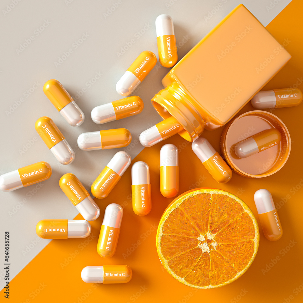 Medical and scientific concepts, vitamin C capsule, orange, open bottle ...
