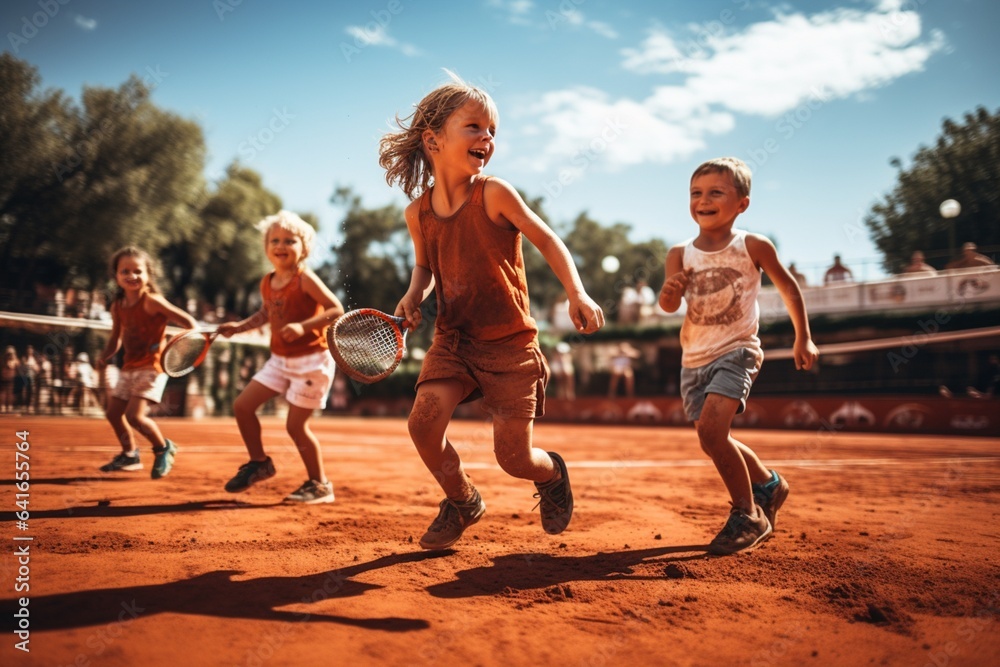 smiling happy children running with tennis rackets on tennis court with ...