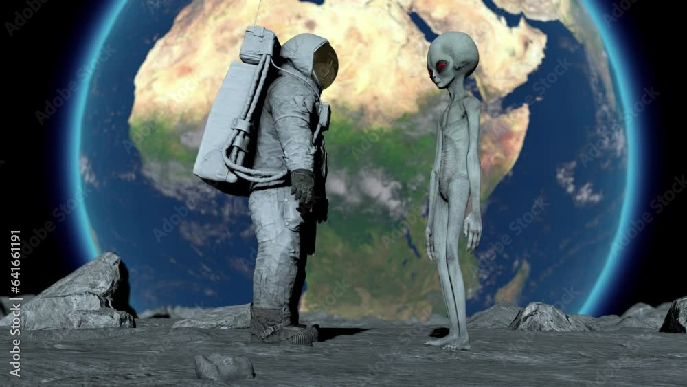 An astronaut and a gray alien stand looking at each other on the moon ...
