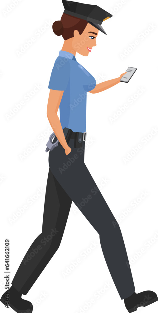 Walking policewoman with mobile phone. Female police officer using ...