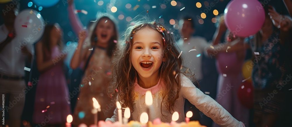 A smiling baby girl on her birthday is sitting happy in front of a cake ...