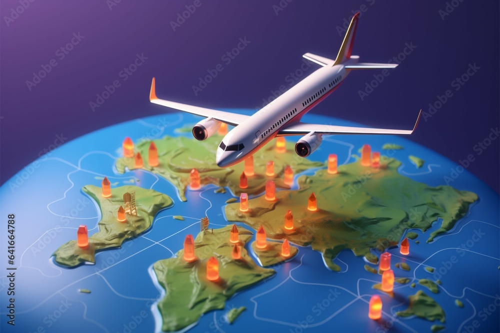 3D world map icon with airplane pin for GPS navigator concept Stock ...