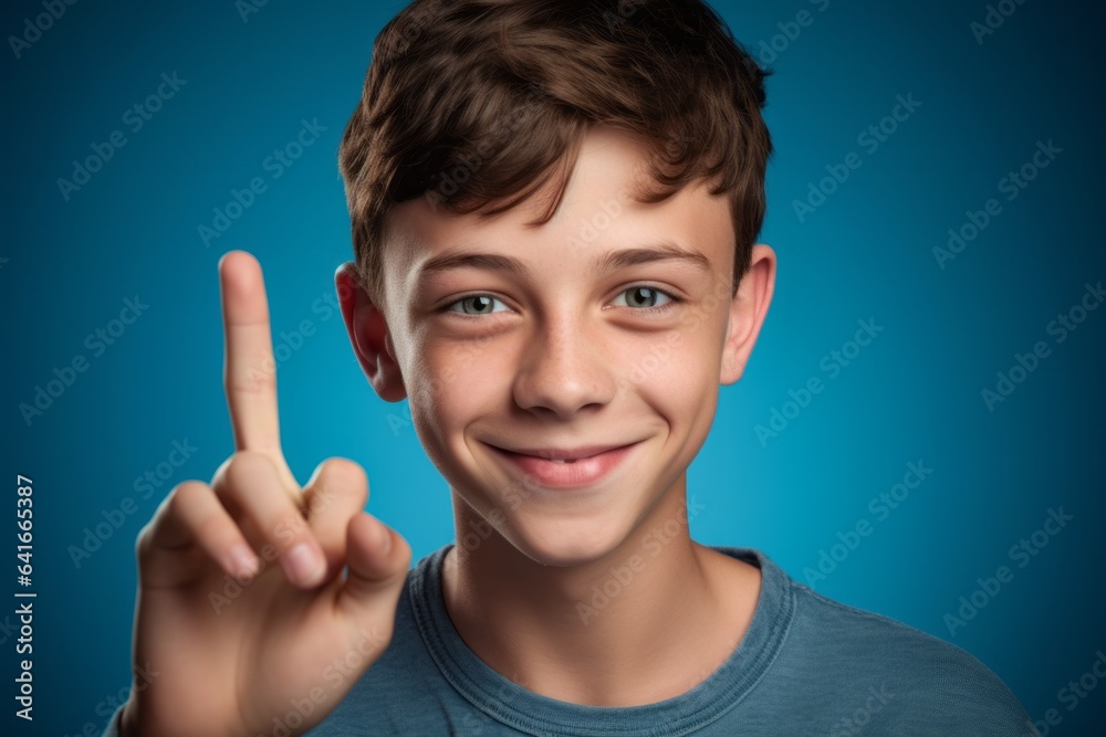 Close-up portrait photography of a satisfied boy in his 20s making a ...