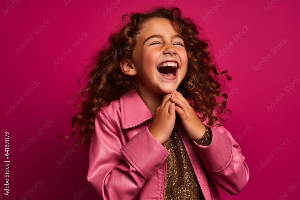 Medium shot portrait photography of a glad kid female placing the hand ...