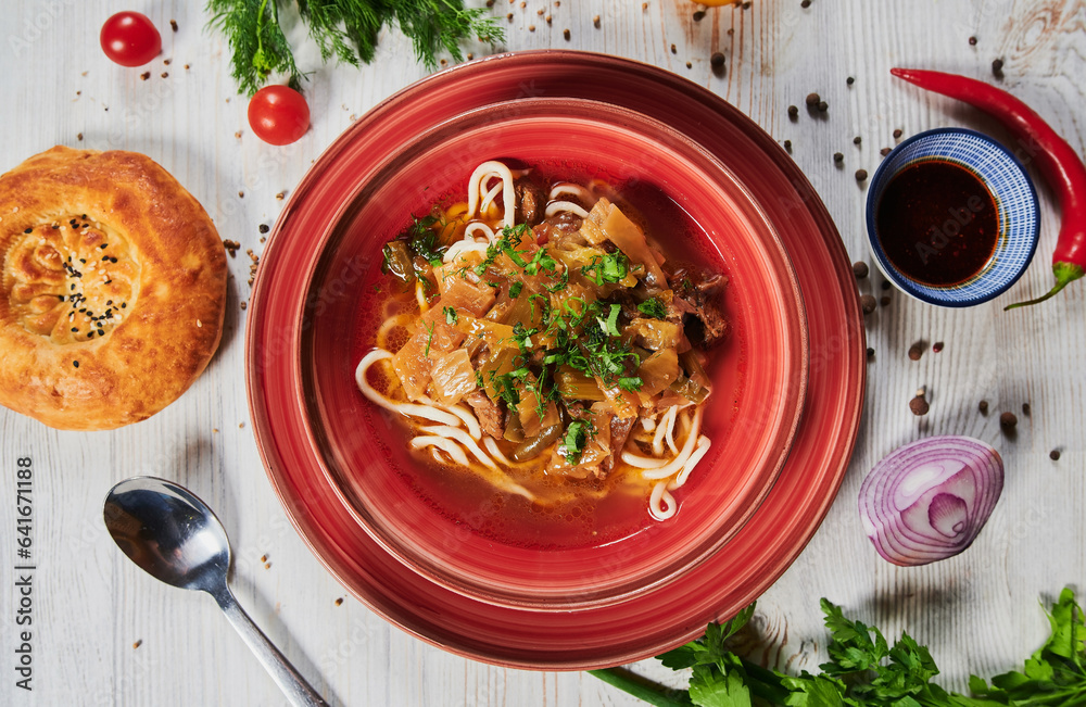 Lagman or Laghman is a Central Asian Dish of Pulled Homemade Noodles ...