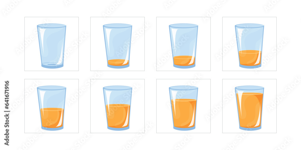 Set of glasses orange juice animation frames set. Liquid juice animated ...