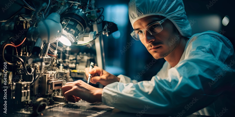 aerospace engineer in a cleanroom environment, assembling components ...