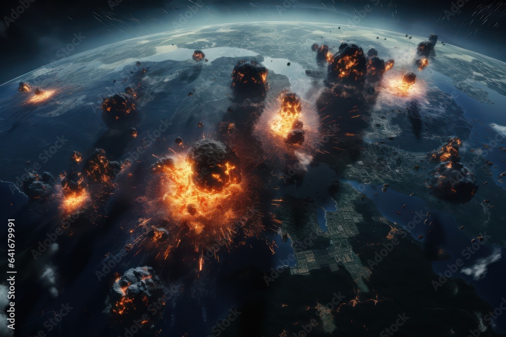 Nuclear war. Satellite view of the explosion of a huge nuclear bomb on ...