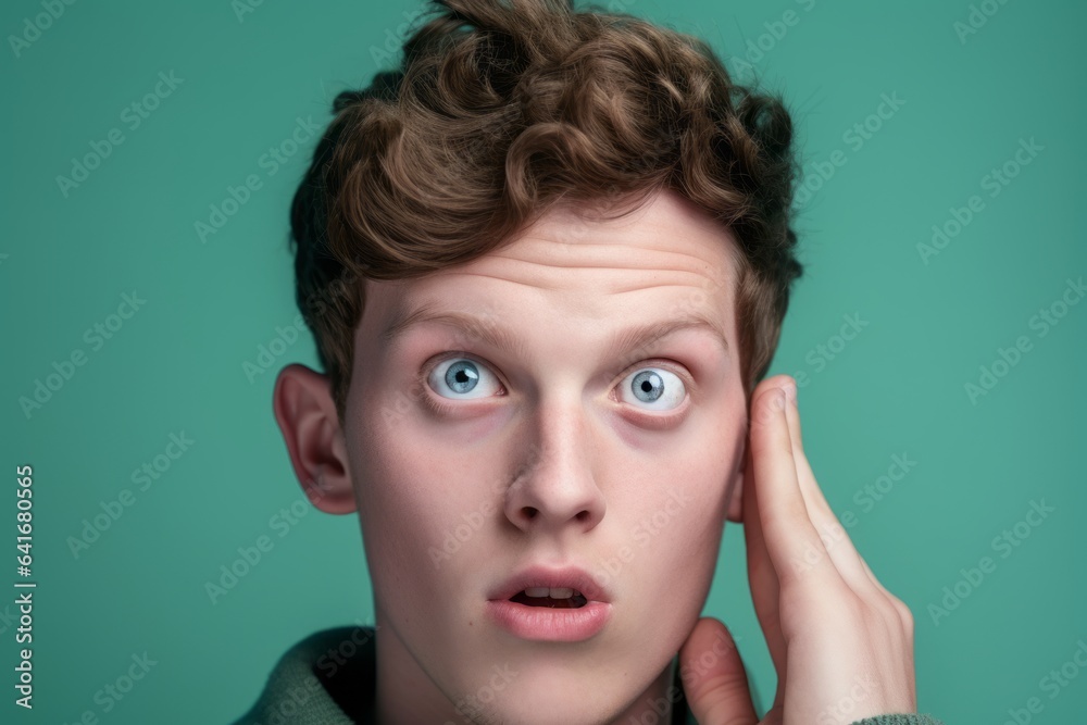 Close-up portrait photography of a glad boy in his 20s making a i'm ...