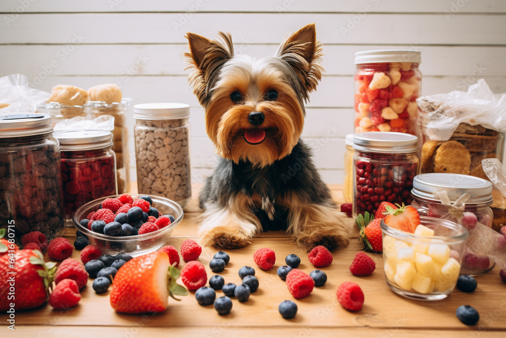 Yorkies posing next to a collection of healthy treats, illustrating ...