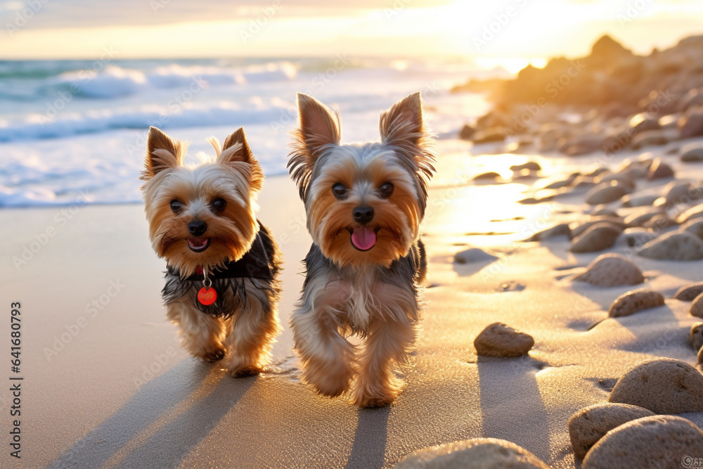 Yorkie buddies exploring a sandy beach, symbolizing their adventurous ...