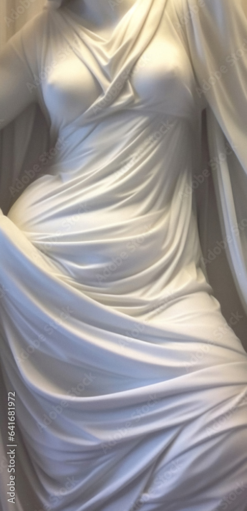 Artistic marble art sculpture, female slim body and ruffled silk dress ...