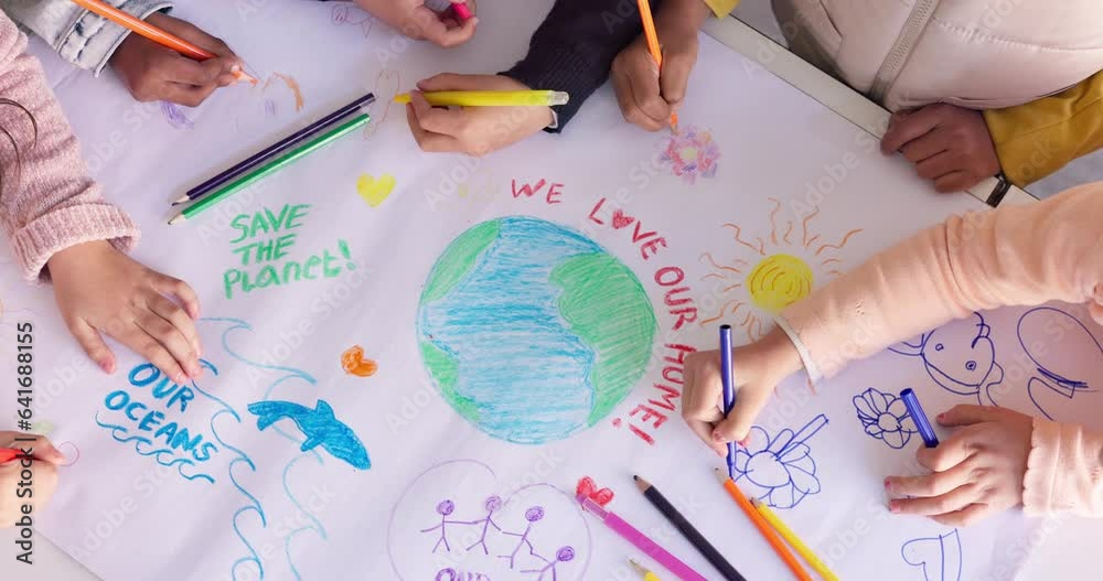 Kids in class, drawing and color from above for earth day, eco friendly ...