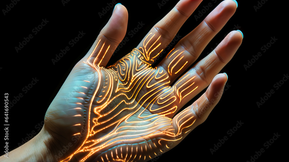 The palm of a hand resting on a biometric scanner, its intricate ...