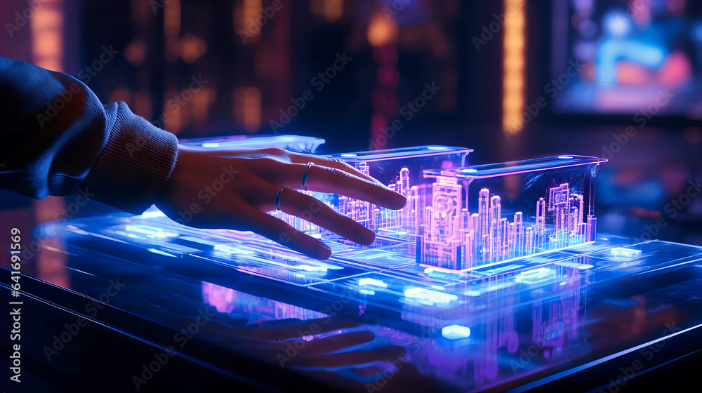 Hands typing rapidly on a console, with holographic data projections ...