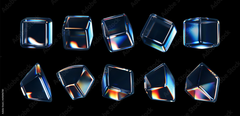 3d crystal glass cubes with refraction and holographic effect isolated ...