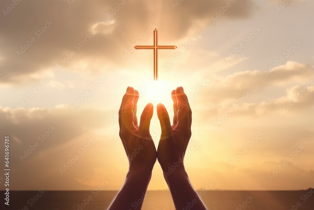 Hands worshiping a cross with a sunset and celestial light. Stock Photo ...