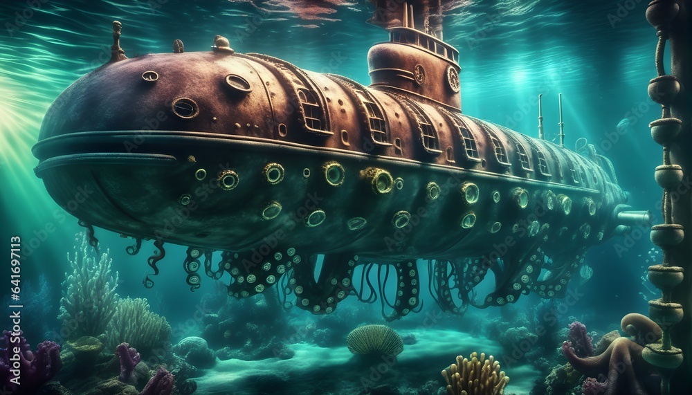 Altes U-Boot unter Wasser in einer fantasiewelt aus dem letzten ...