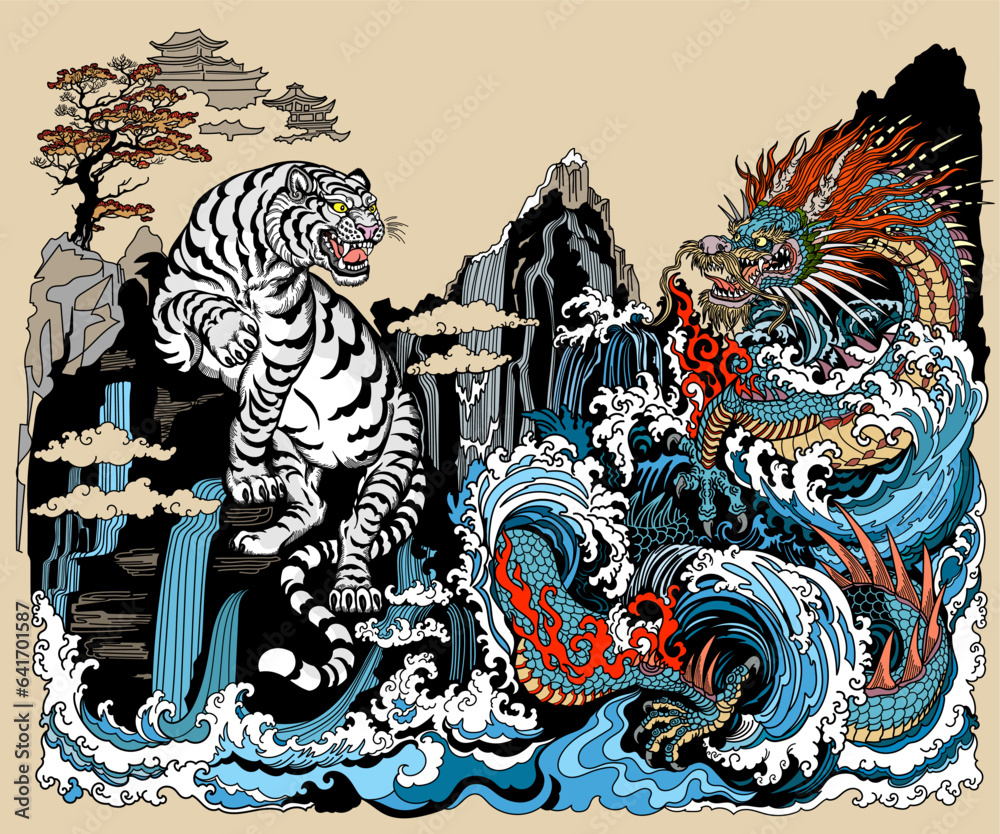Azure Dragon and White Tiger Encounter at the Waterfall. Celestial feng ...