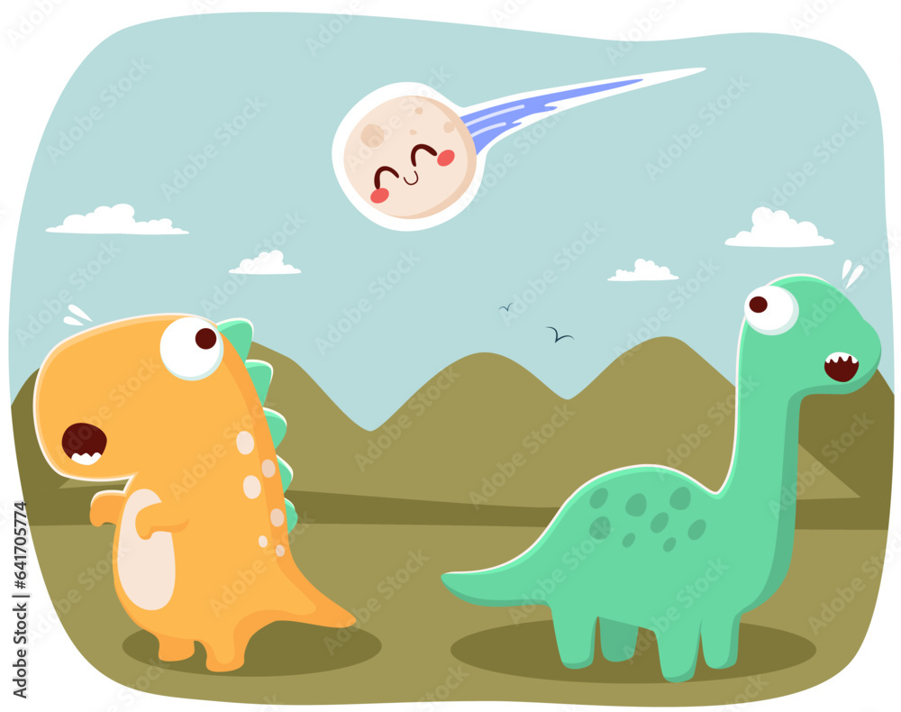 Cute dinosaurs walking in nature scared by meteor. Wild landscape with ...