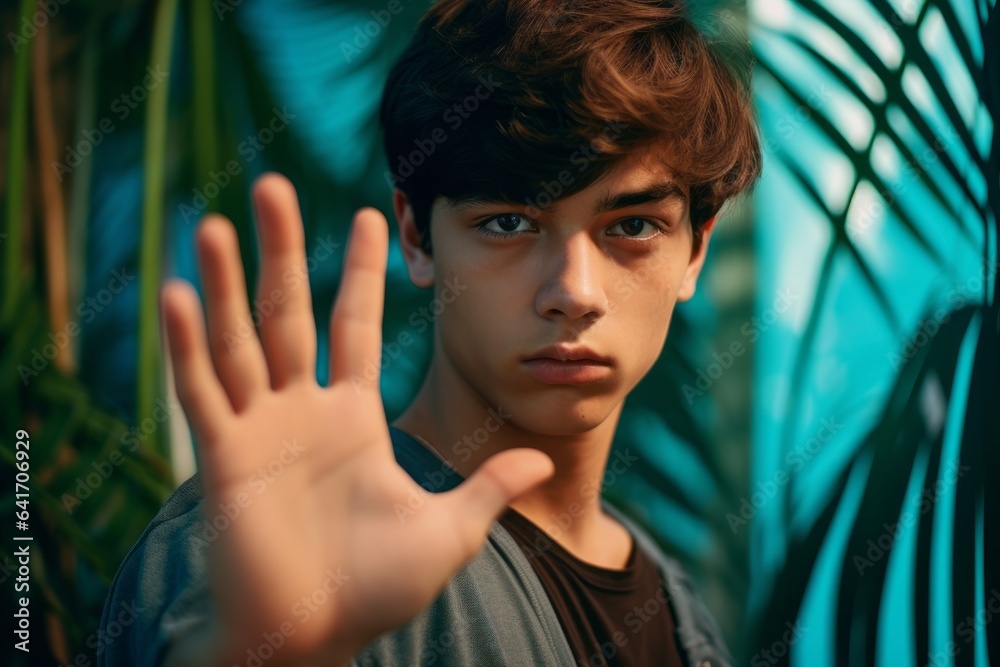 Close-up portrait photography of a glad boy in his 20s making a no or ...