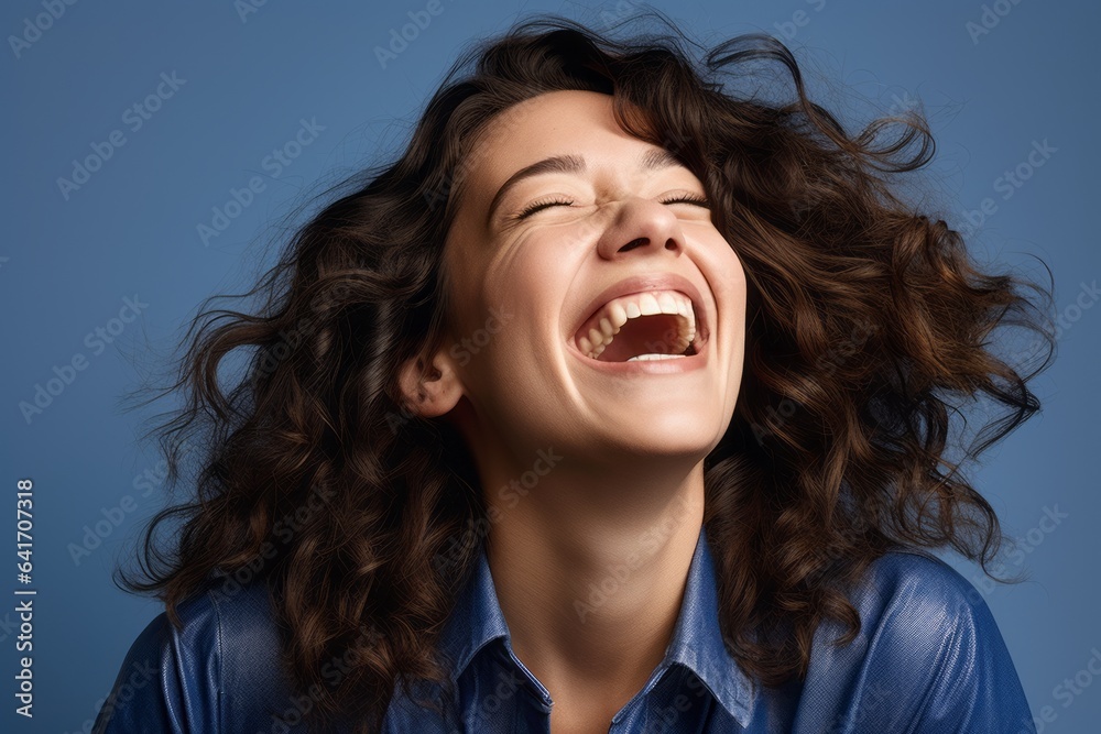 Close-up portrait photography of a joyful girl in her 30s placing the ...