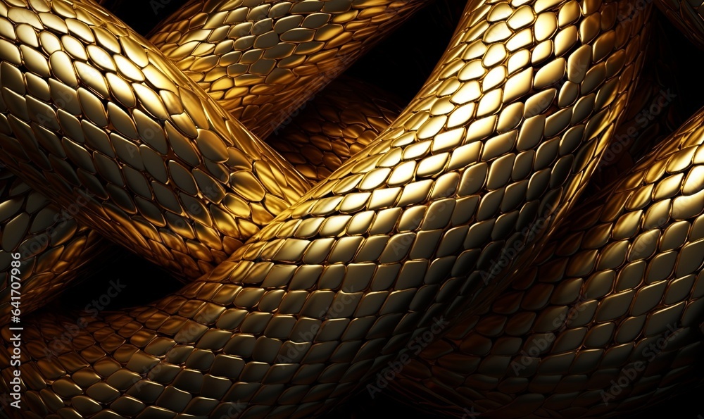 3d render, abstract fantasy background with wavy tangled golden snakes ...