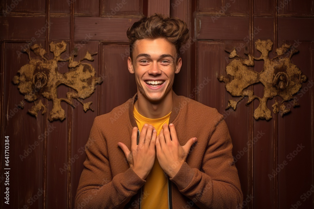 Lifestyle portrait photography of a joyful boy in his 20s making a ...