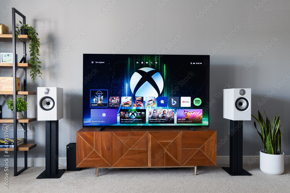 LONDON - AUGUST 24, 2023: Starfield Xbox game on 4K OLED TV television ...